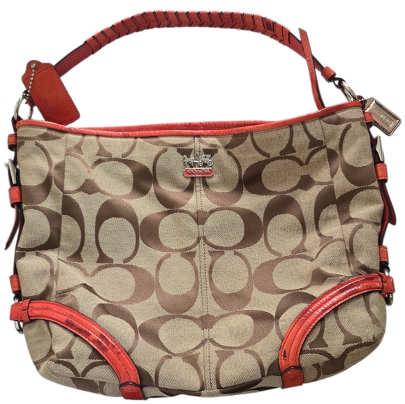 Coach | Bags | Coach Signature Tan And Red Shoulder Bag | Poshmark
